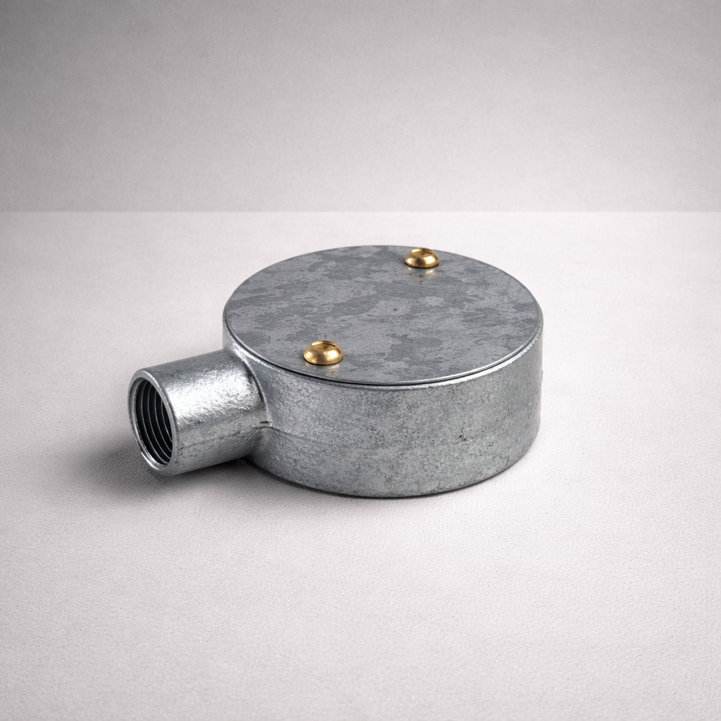 20mm Galvanised Round Conduit Box - Single Entry – Vintage-Electrical