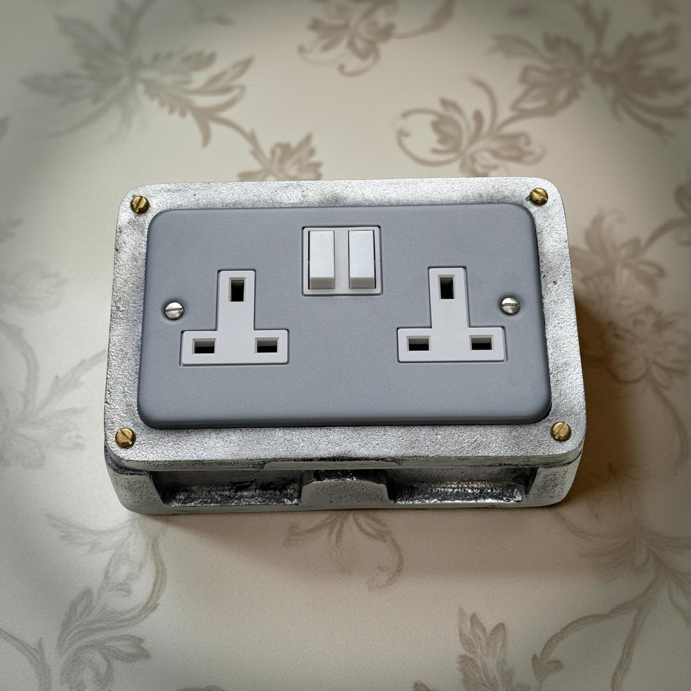 Grey Metal Clad Double Switched 13A Power Socket 230V 2 Gang 2G Cast M ...
