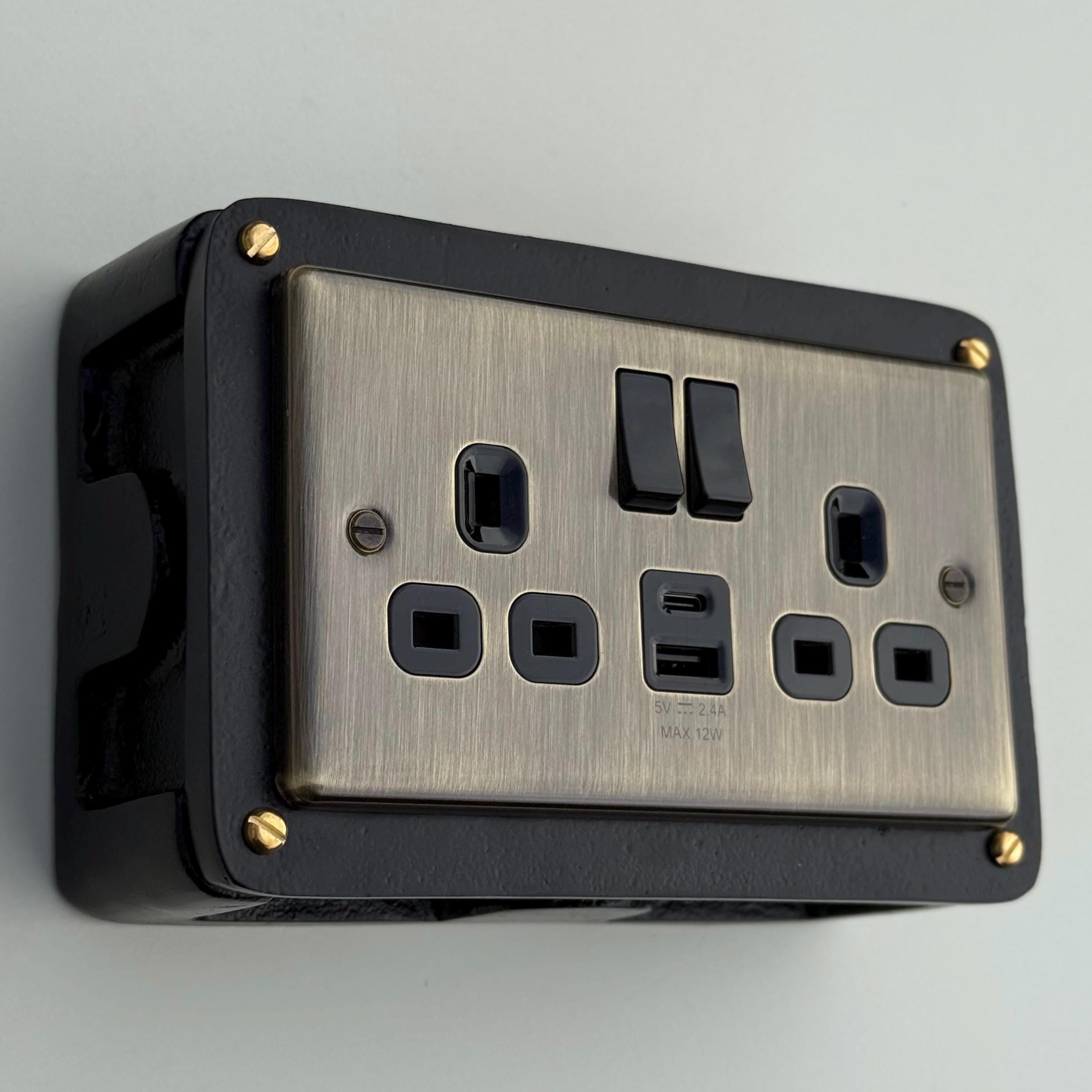 Antique Brass Double Gang Plug Socket with Industrial Black Cast Back ...